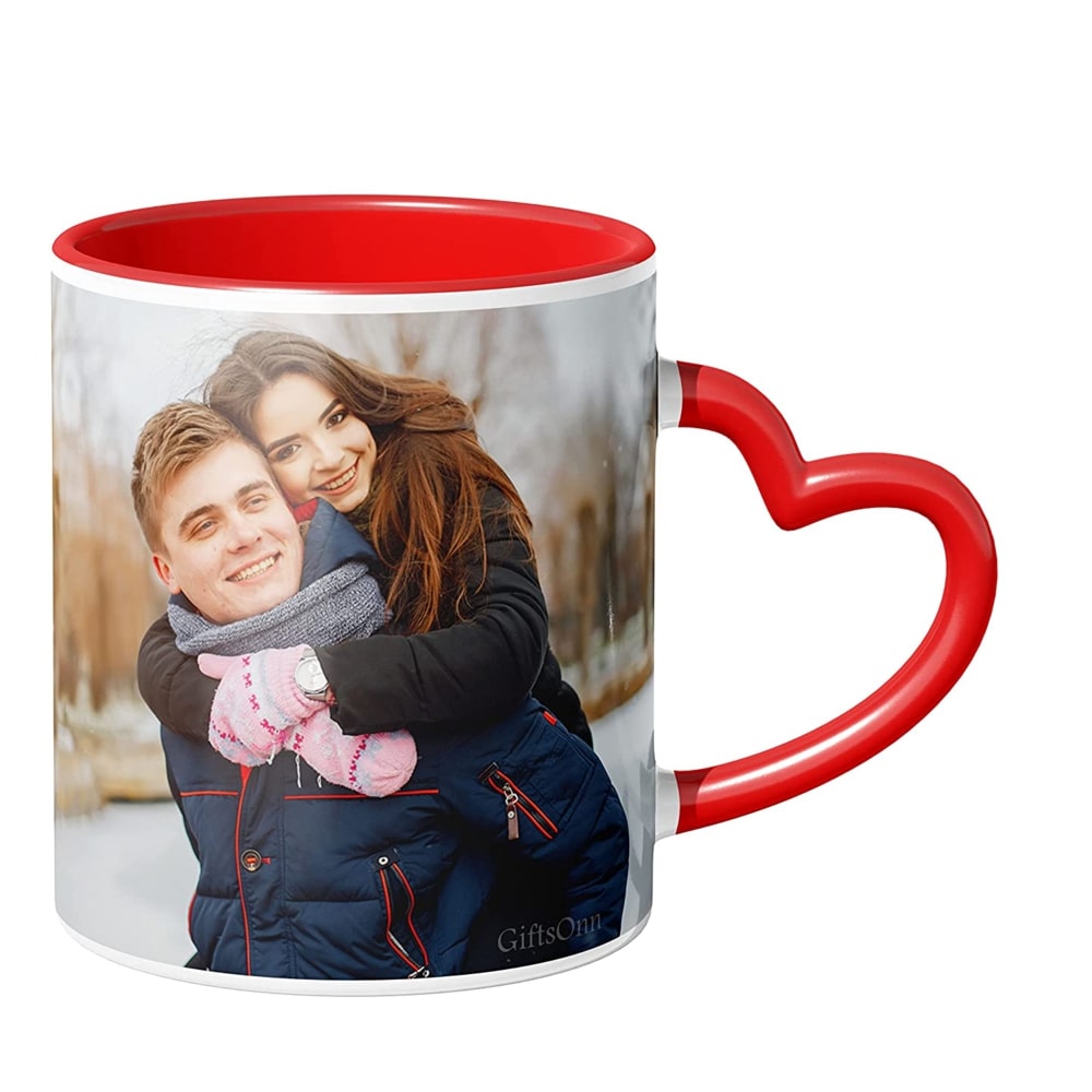 Cana personalizata rosie cu toarta inima cu poze si mesaj – Revelarta.ro